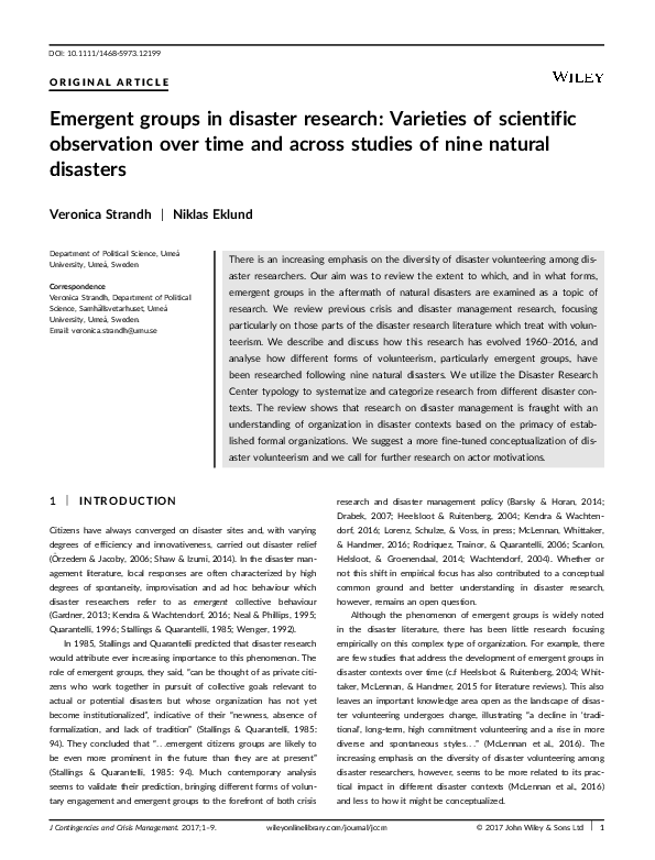 (PDF) Emergent groups in disaster research: Varieties of scientific ...