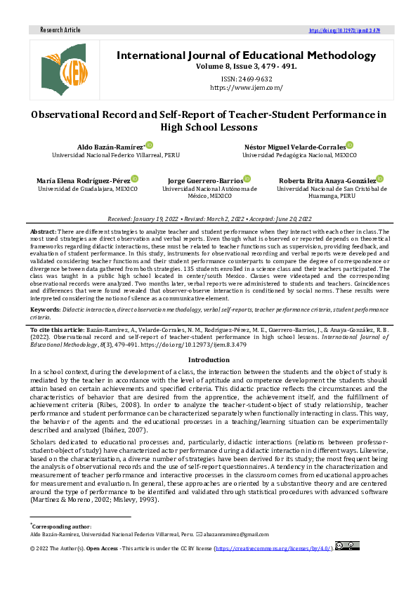 (PDF) Observational Record and Self-Report of Teacher-Student ...