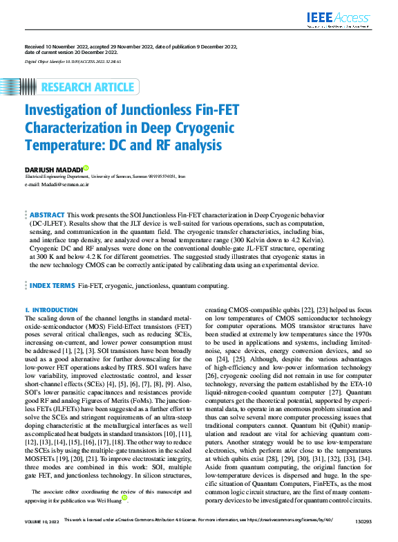 (PDF) Investigation of Junctionless Fin-FET Characterization in Deep Cryogenic Temperature: DC ...