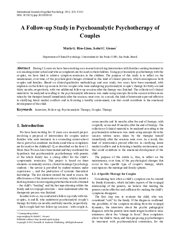 (PDF) A Follow-up Study in Psychoanalytic Psychotherapy of Couples