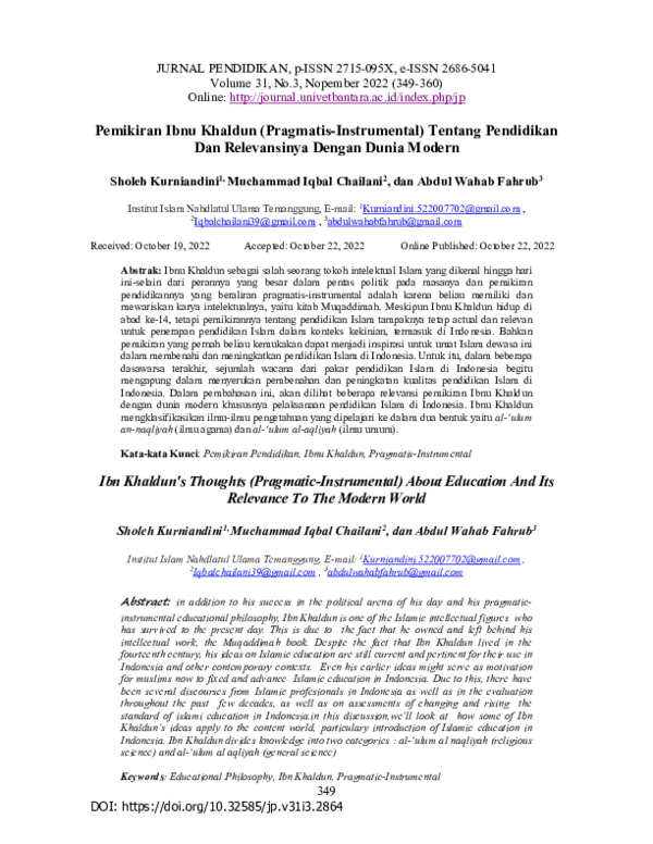 (PDF) Pemikiran Ibnu Khaldun (Pragmatis-Instrumental) Tentang Pendidikan Dan ‎Relevansinya ...