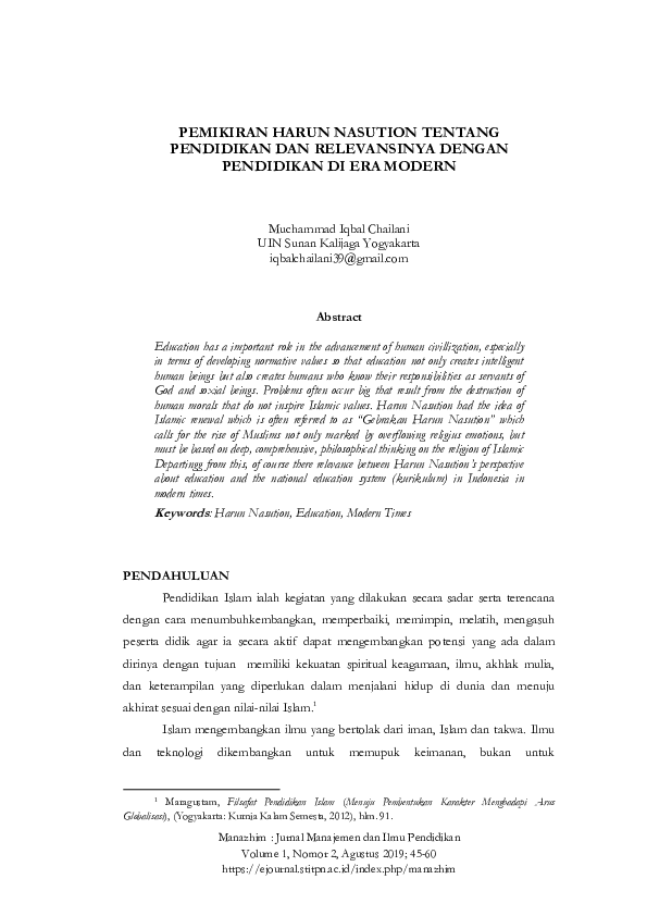 (PDF) Pemikiran Harun Nasution tentang Pendidikan dan Relevansinya dengan Pendidikan di Era Modern