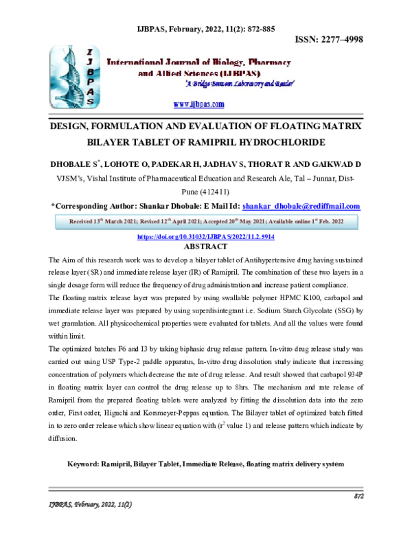 Pdf Design Formulation And Evaluation Of Floating Matrix Bilayer Tablet Of Ramipril Hydrochloride