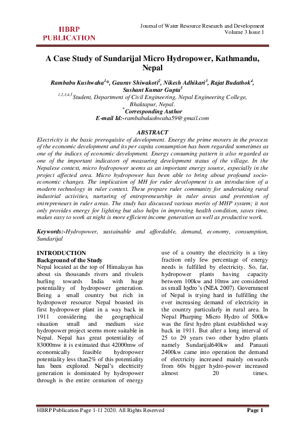 (PDF) A Case Study of Sundarijal Micro Hydropower, Kathmandu, Nepal