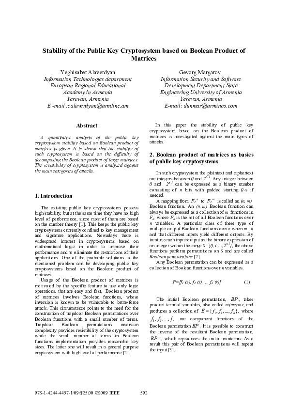 (PDF) Stability of the public key cryptosystem based on Boolean product ... (PDF) Stability of the public key cryptosystem based on Boolean product ...