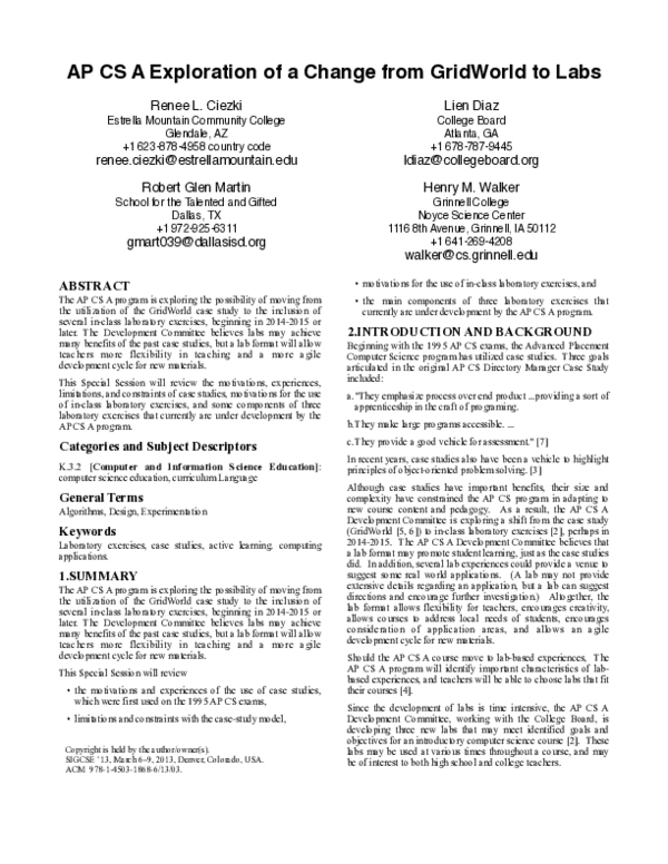 (PDF) AP CS A exploration of a change from GridWorld to labs