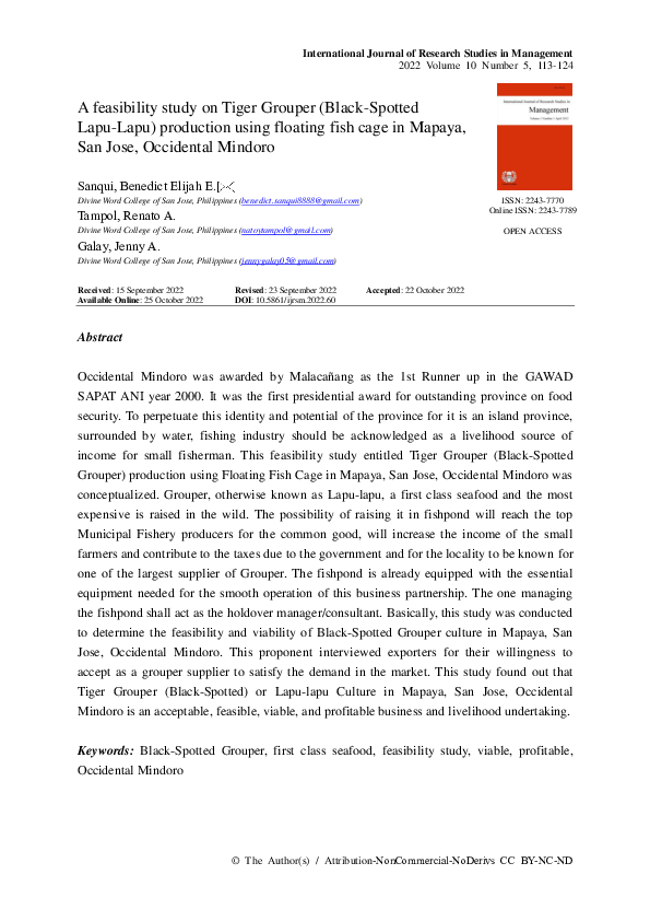 (PDF) A feasibility study on Tiger Grouper (Black-Spotted Lapu-Lapu ...