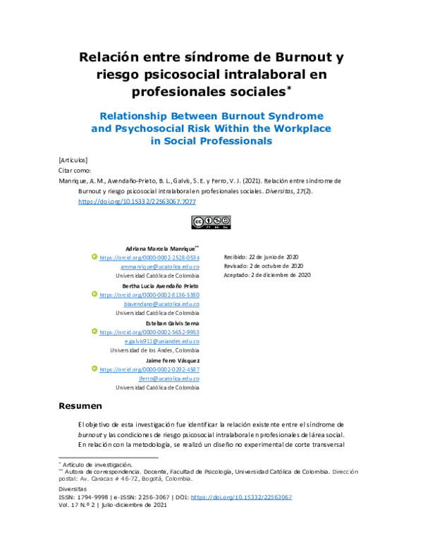 (PDF) Relación entre síndrome de Burnout y riesgo psicosocial intralaboral en profesionales sociales