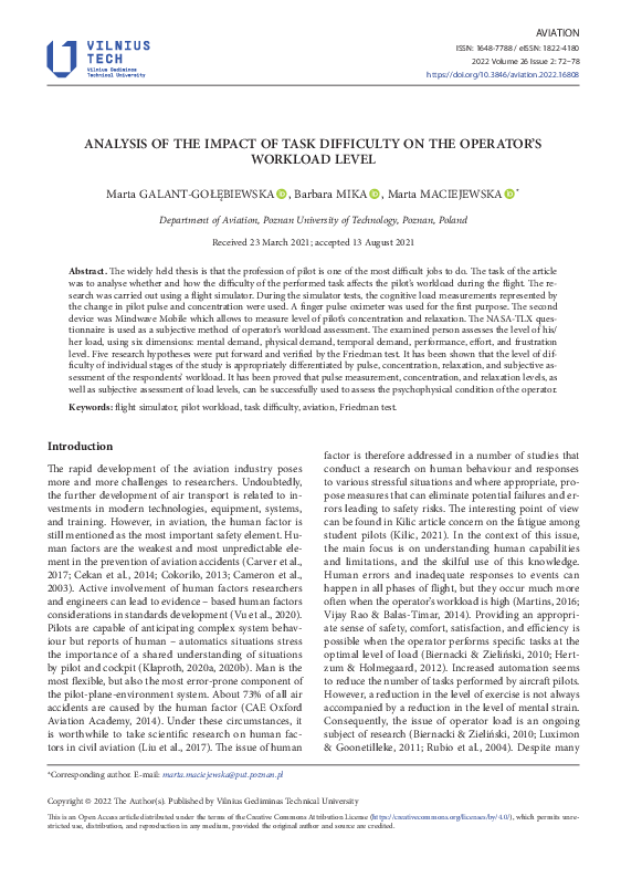 (PDF) Analysis of the Impact of Task Difficulty on the Operatorʾs Workload Level