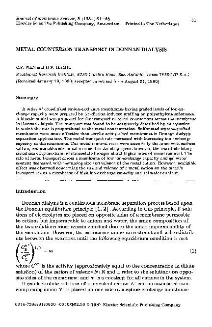 (PDF) Metal counterion transport in donnan dialysis