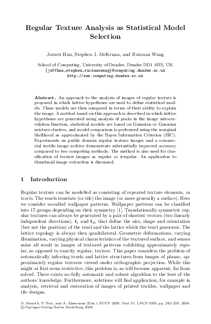 (PDF) Regular texture analysis as statistical model selection | Stephen ...