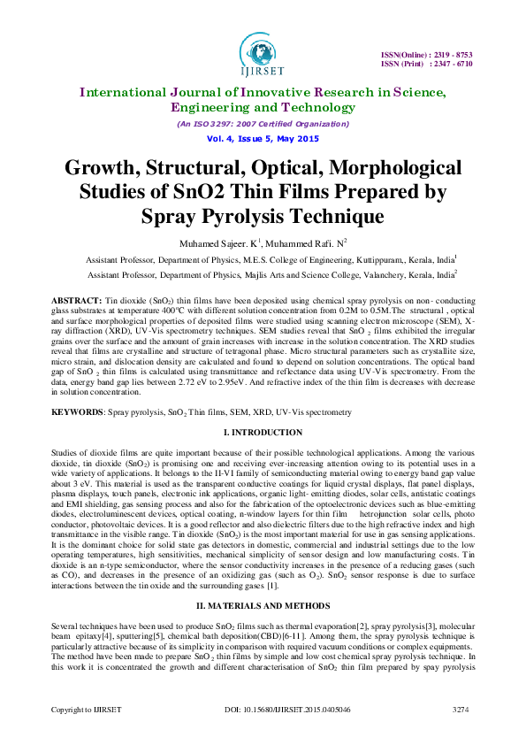 (PDF) Growth, Structural, Optical, MorphologicalStudies of SnO2 Thin Films Prepared bySpray ...