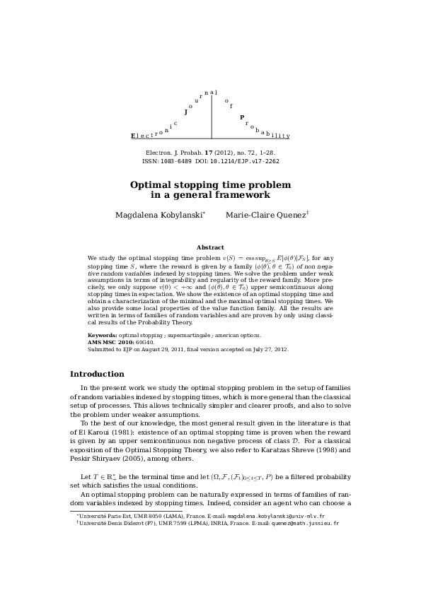 (PDF) Optimal stopping time problem in a general framework