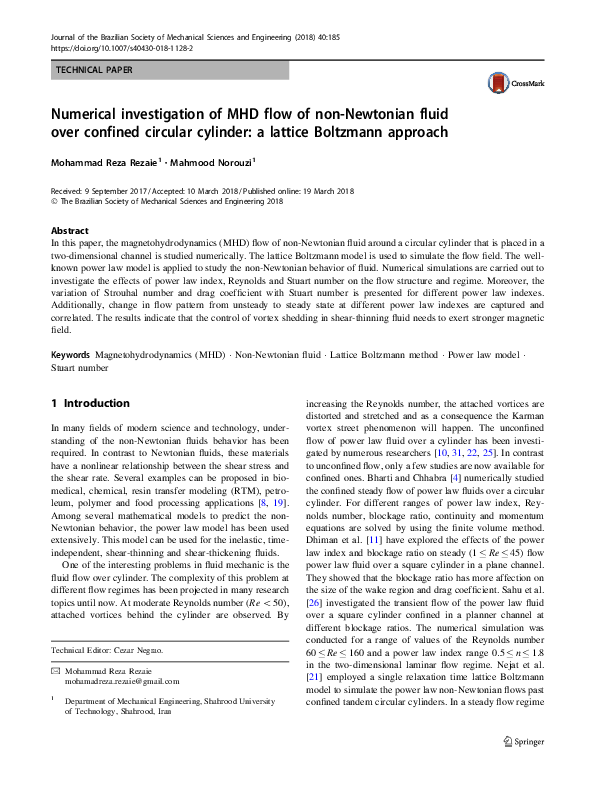 (PDF) Numerical investigation of MHD flow of non-Newtonian fluid over confined circular cylinder ...