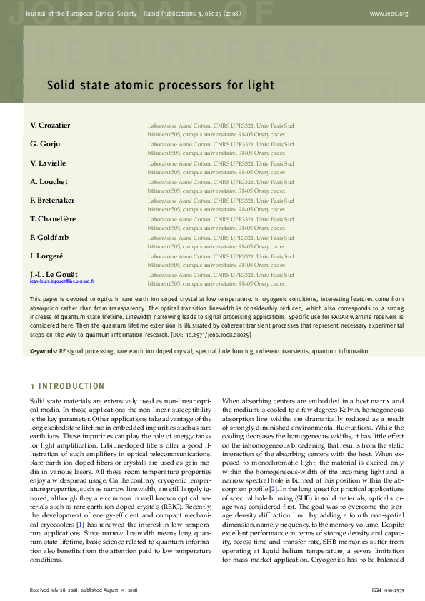(PDF) Solid state atomic processors for light | Vincent LAVIELLE - Academia.edu