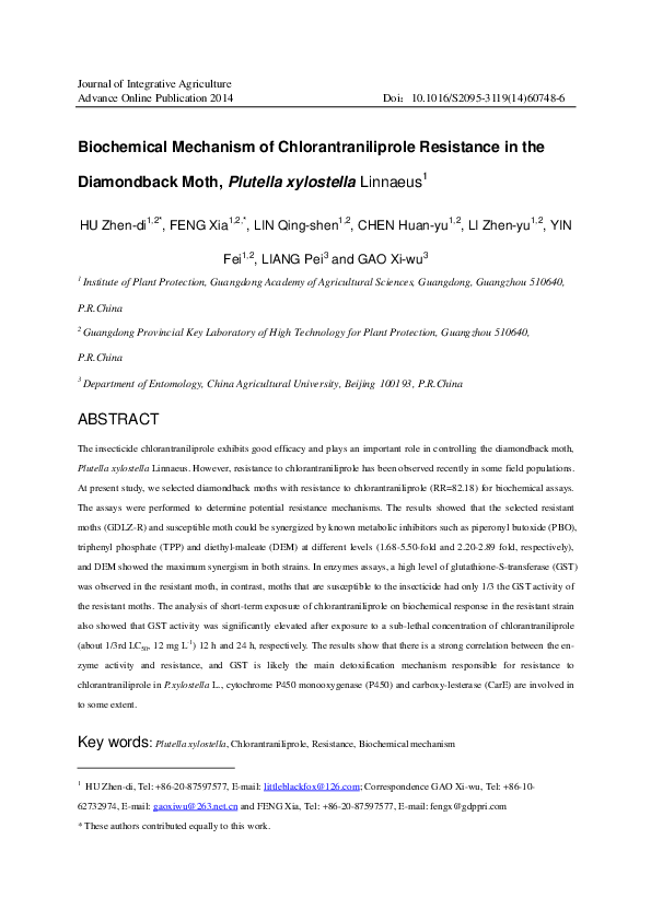(PDF) Biochemical mechanism of chlorantraniliprole resistance in Spodoptera litura (Fab ...