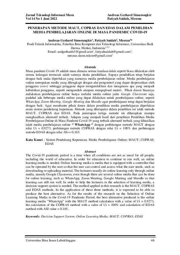 (PDF) Penerapan Metode Maut, Copras Dan Edas Dalam Pemilihan Media Pembelajaran Online DI Masa ...