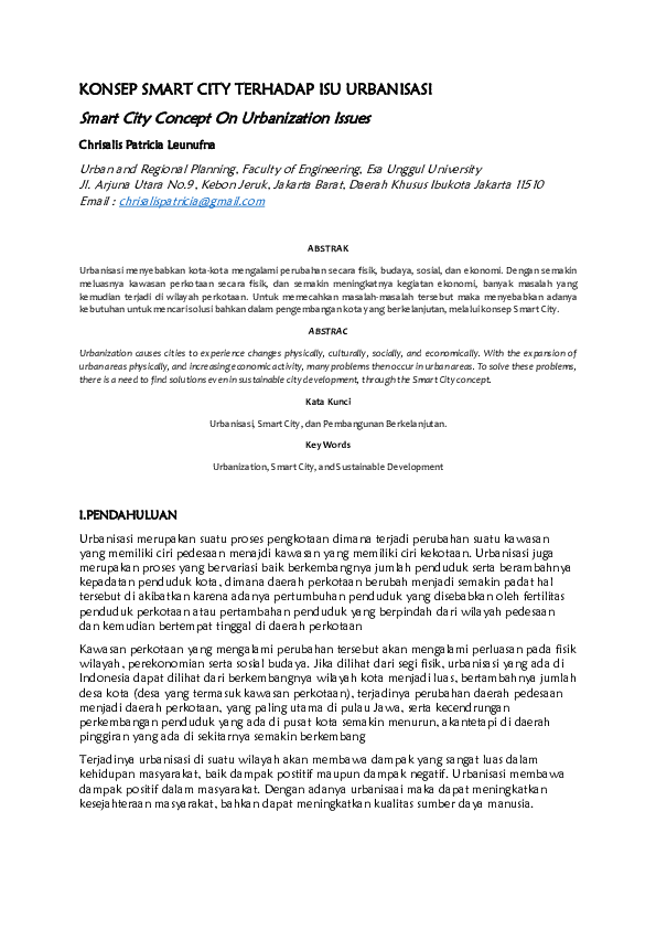 (PDF) Paper Perencanaan Kota Konsep Smart City Terhadap Isu Urbanisasi
