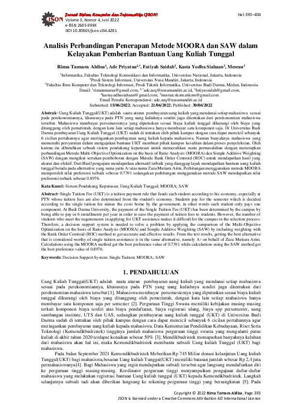 (PDF) Analisis Perbandingan Penerapan Metode MOORA dan SAW dalam ...