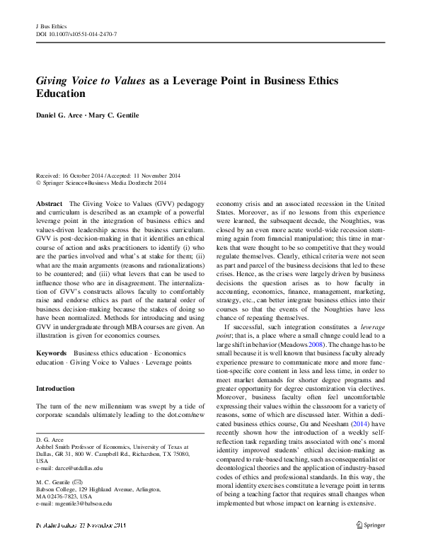 (PDF) Giving Voice to Values as a Leverage Point in Business Ethics ...