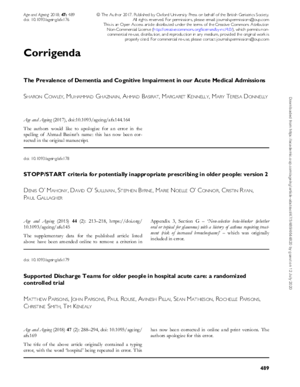(PDF) Corrigenda: The Prevalence of Dementia and Cognitive Impairment in our Acute Medical ...