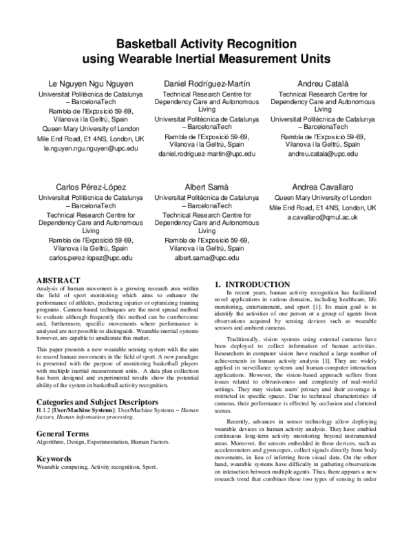 (PDF) Basketball Activity Recognition using Wearable Inertial Measurement Units