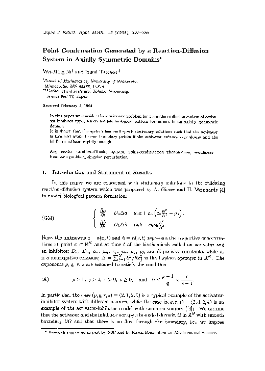 (PDF) Point condensation generated by a reaction-diffusion system in axially symmetric domains