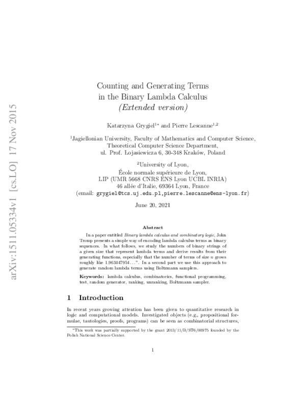(PDF) Counting and generating terms in the binary lambda calculus
