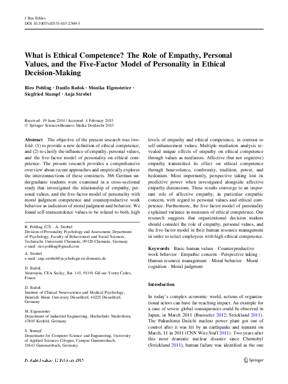 (PDF) What is Ethical Competence? The Role of Empathy, Personal Values, and the Five-Factor ...