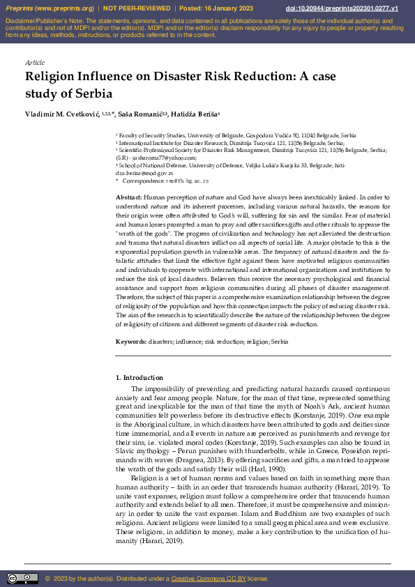 (PDF) Religion Influence on Disaster Risk Reduction: A case study of Serbia