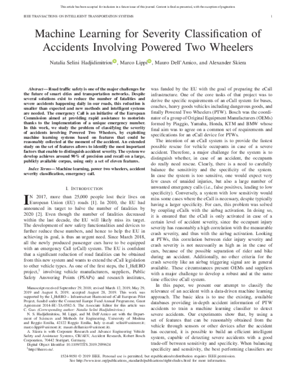 Pdf Machine Learning For Severity Classification Of Accidents Involving Powered Two Wheelers