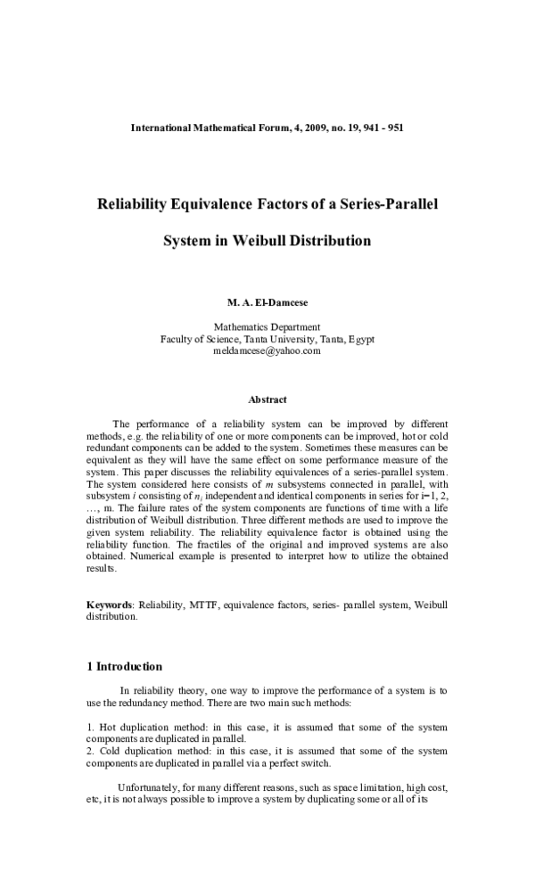 (PDF) Reliability Equivalence Factors of a Series-Parallel System in Weibull Distribution