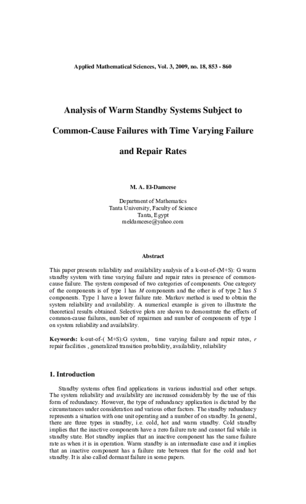 (PDF) Analysis of Warm Standby Systems Subject to Common-Cause Failures ...