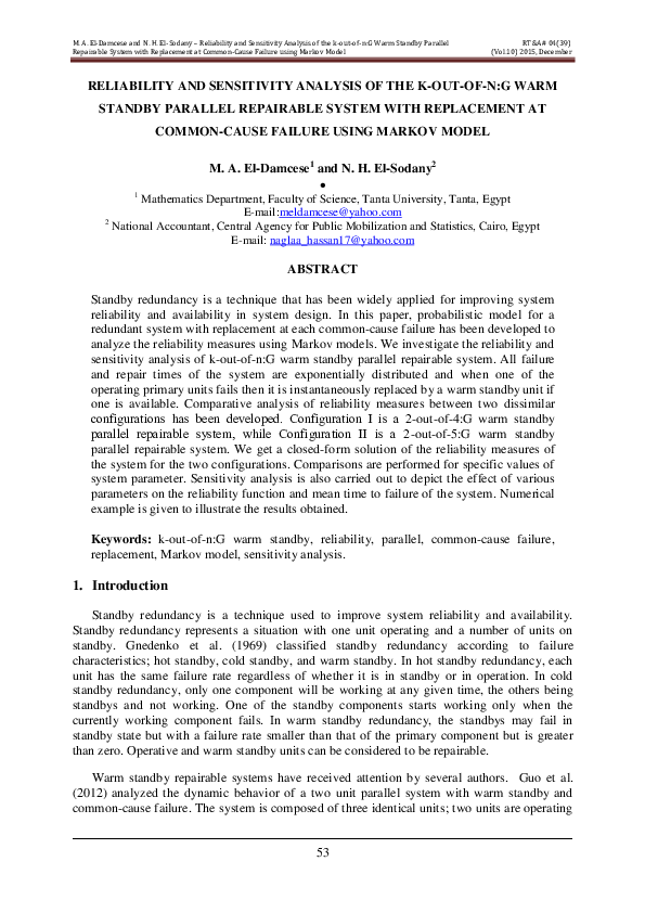 (PDF) Reliability and Sensitivity Analysis of the k-out-of-n:G Warm ...