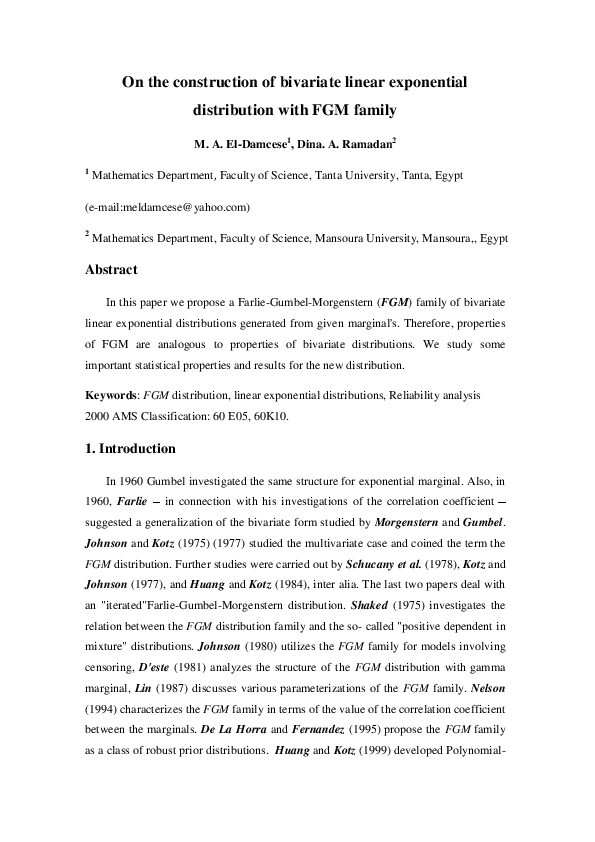 (PDF) On the construction of bivariate linear exponential distribution with FGM family