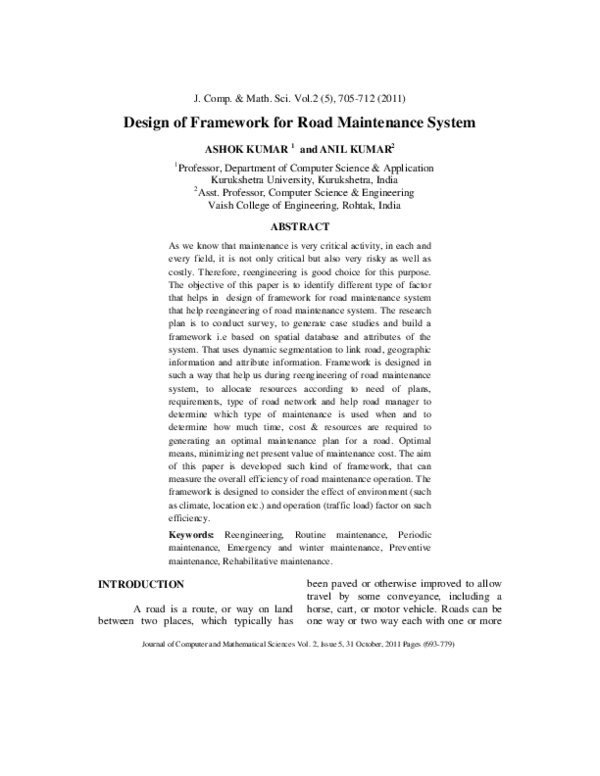 (PDF) Design of Framework for Road Maintenance System