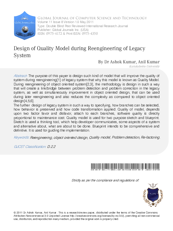 (PDF) Design of Quality Model during Reengineering of Legacy