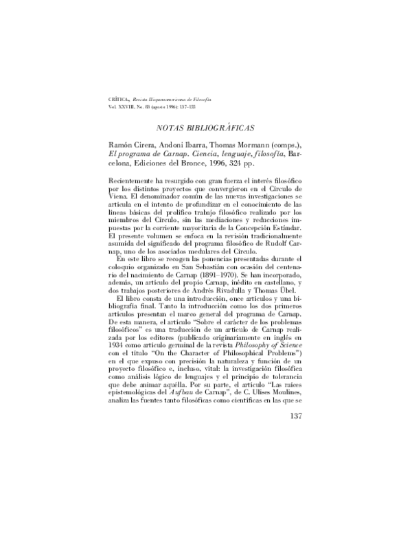 (PDF) Ramón Cirera, Andoni Ibarra, Thomas Mormann (comps.), El programa de Carnap. Ciencia ...