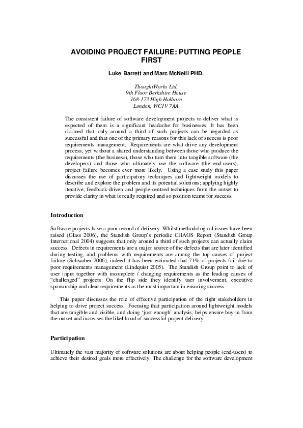 (PDF) Avoiding Project Failure: Putting People First