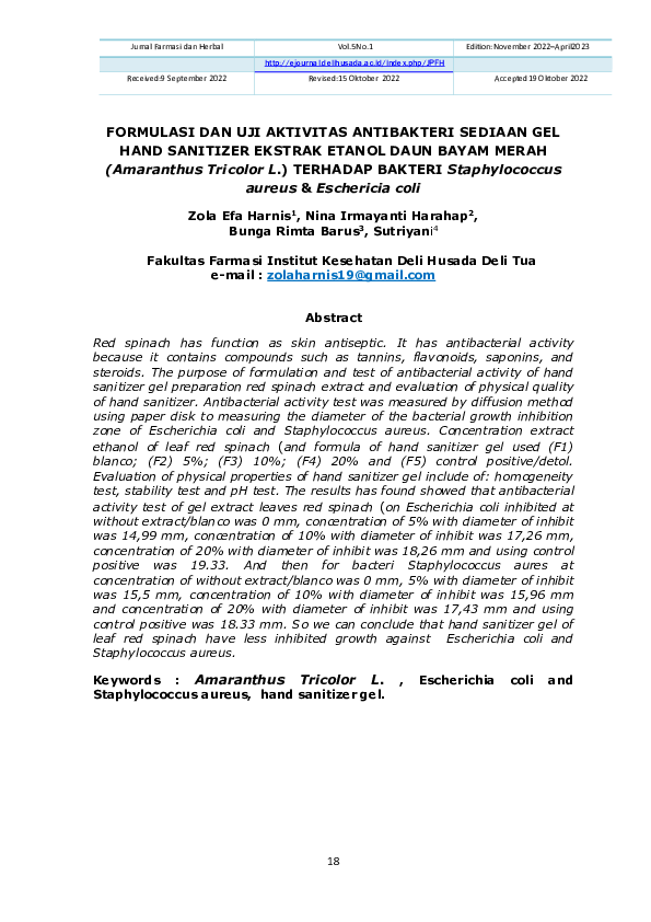 (PDF) FORMULASI DAN UJI AKTIVITAS ANTIBAKTERI SEDIAAN GEL HAND SANITIZER EKSTRAK ETANOL DAUN ...