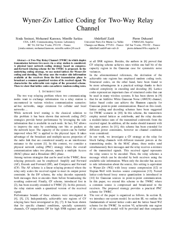 (PDF) Wyner-Ziv lattice coding for two-way relay channel