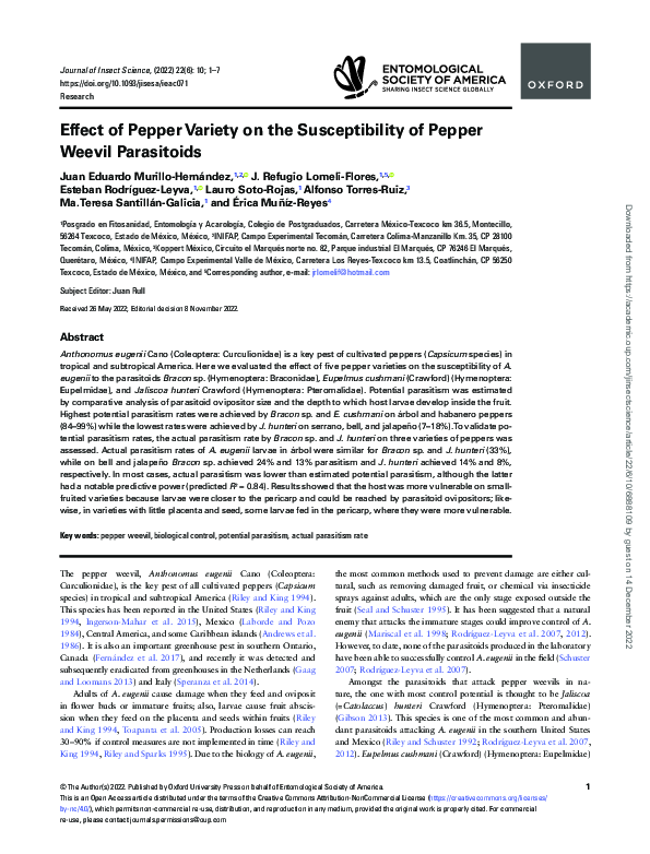 (PDF) Effect of Pepper Variety on the Susceptibility of Pepper Weevil Parasitoids