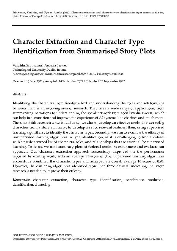 (PDF) Character Extraction and Character Type Identification from Summarised Story Plots