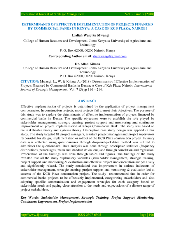 (PDF) Determinants of Effective Implementation of Projects Financed by Commercial Banks in Kenya ...