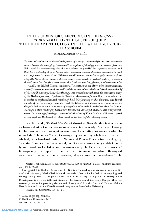 (PDF) Peter Comestor's Lectures on Theglossa“Ordinaria” on the Gospel ...