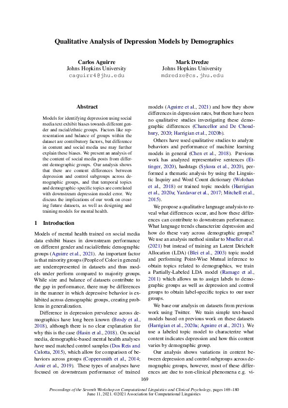 (PDF) Qualitative Analysis of Depression Models by Demographics