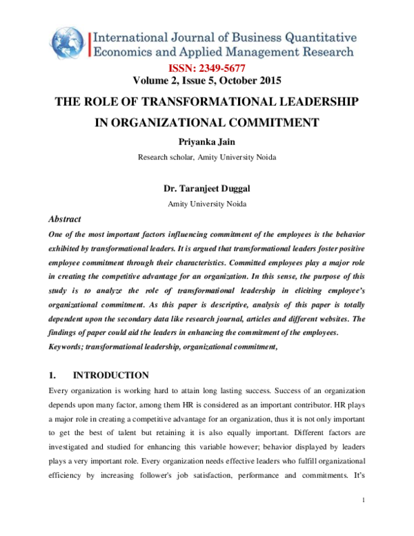 (PDF) The Role of Transformational Leadership in Organizational Commitment