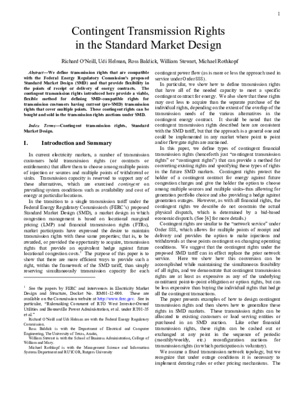 (PDF) Contingent transmission rights in the standard market design ...