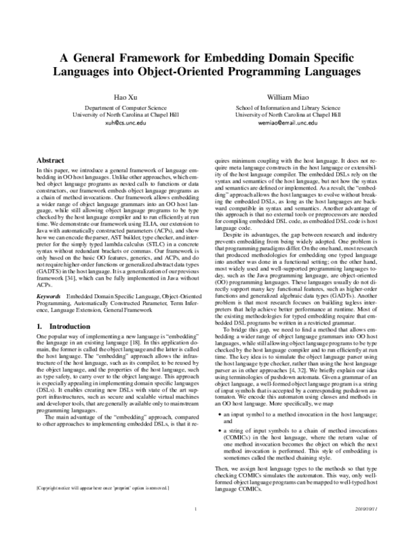 Pdf A General Framework For Embedding Domain Specific Languages Into Object Oriented