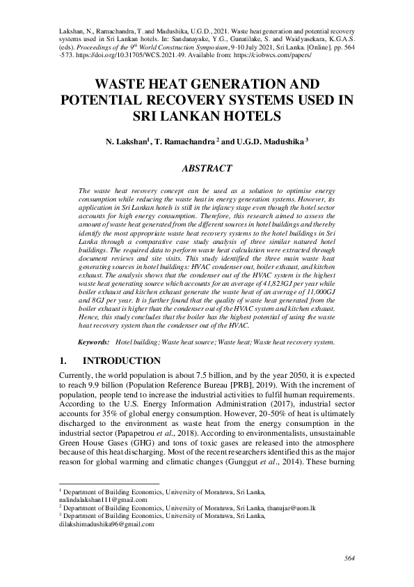 (PDF) Waste Heat Generation and Potential Recovery Systems Used in Sri ...